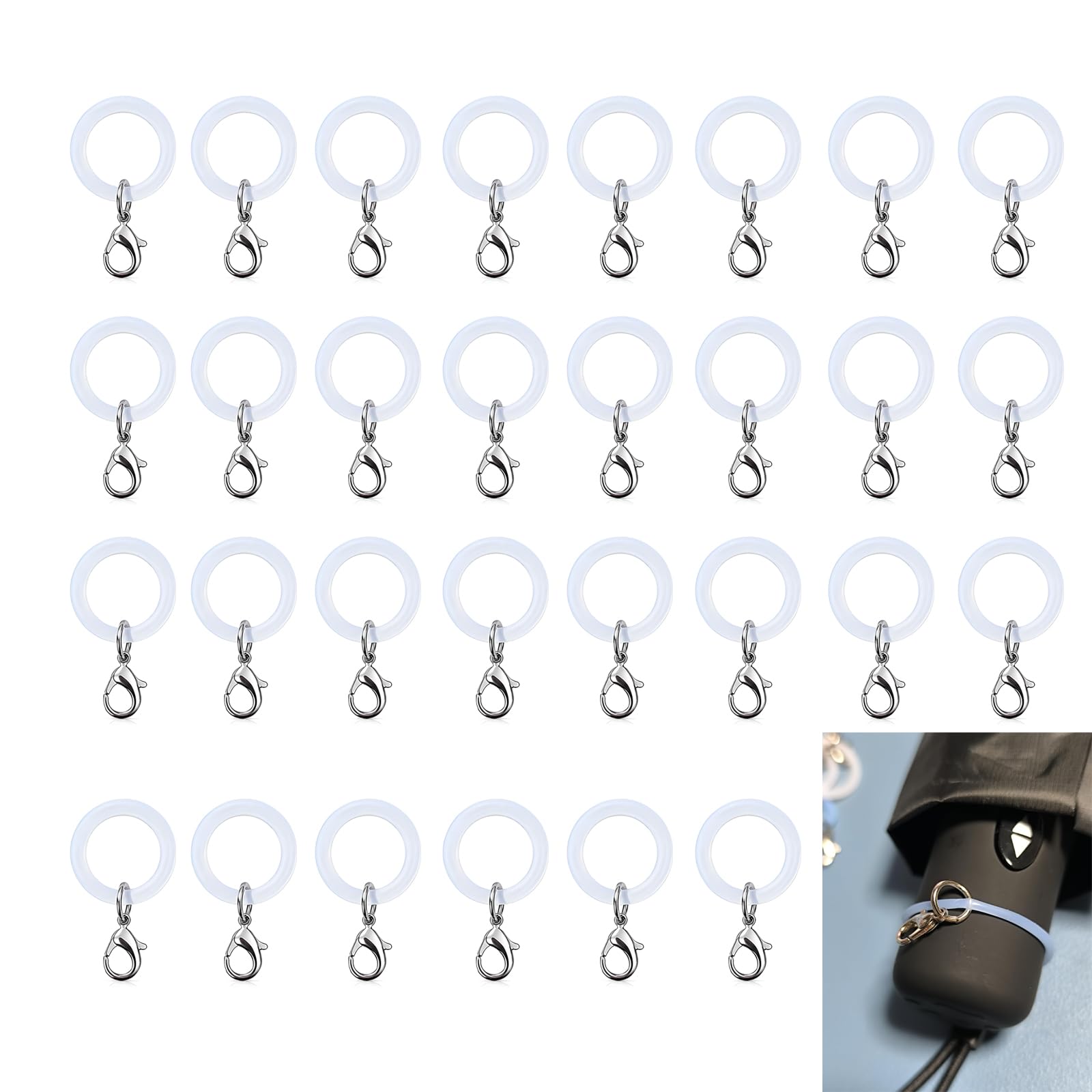 · 【めじるしアクセサリー 紛失防止】製品詳細：入数: 10個/30個/50個セット。素材: 金具カニカン/亜鉛合金、丸カン/鉄、リング/シリコン。サイズ: シリコンリングφ20mm、ナスカン6×12mmの扱いやすいサイズで、傘に簡単に取り...