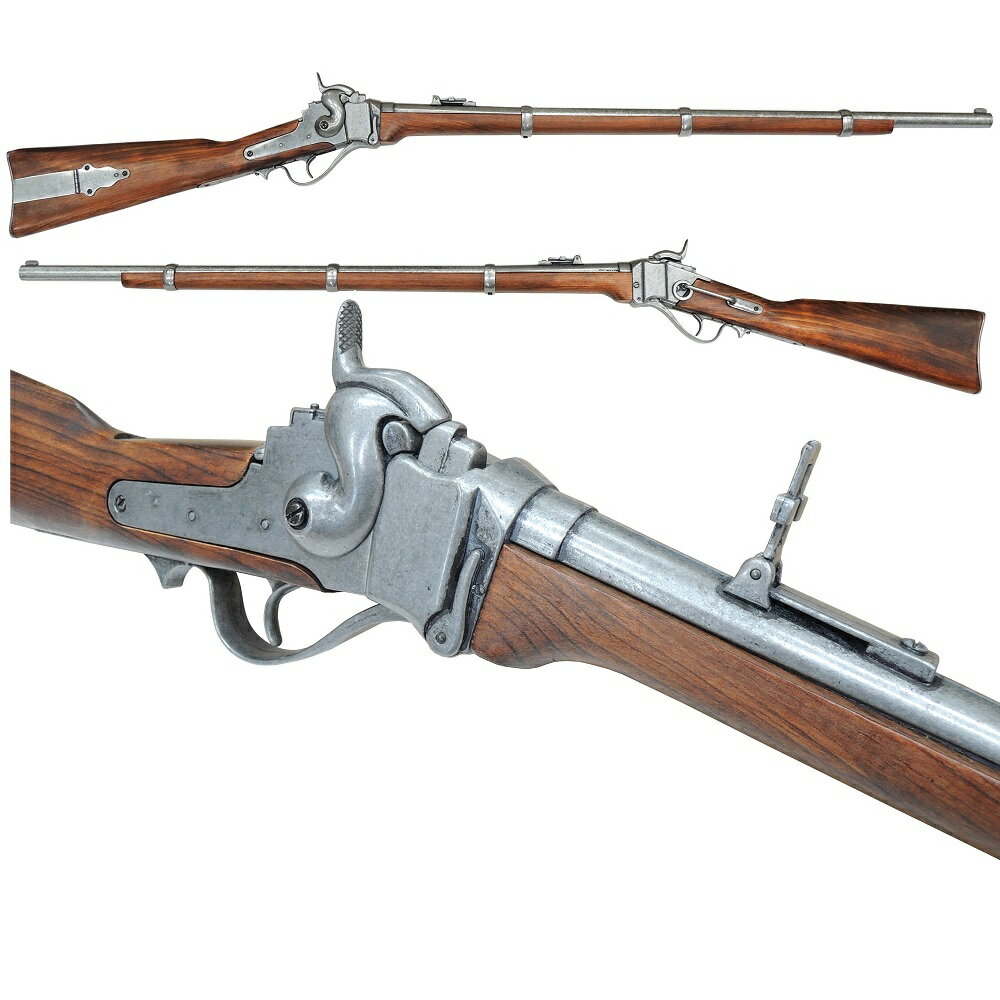 金属と木材で作られたライフル銃の複製です。 装填と発射のメカニズムをシミュレートしています。 USA 1859年 125cm 2780g デニックス社のピストル、ライフルは装飾品として製造されていますので、トリガー、ハンマーの作動不良や故障...