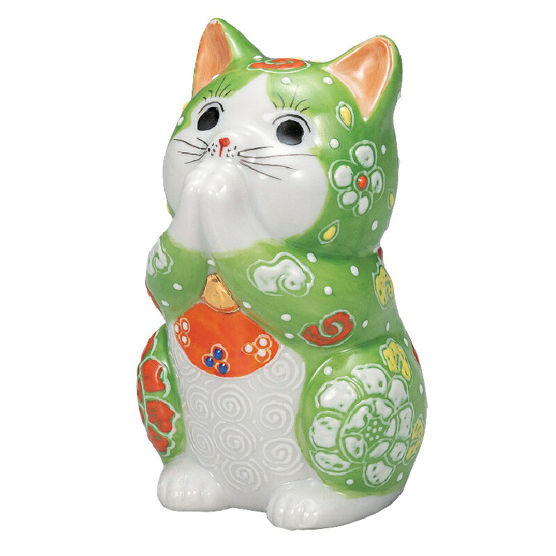 サイズ：幅5.5 奥行6.3 高9.5(cm) 素材：磁器 生産地：日本 九谷焼で作られた華やかな招き猫です。「千客万来」「商売繁盛」「金運招福」「開運招福」「病を防ぐ魔除け」などの願いを込めて飾られます。 右手を挙げているものは金運、左手...