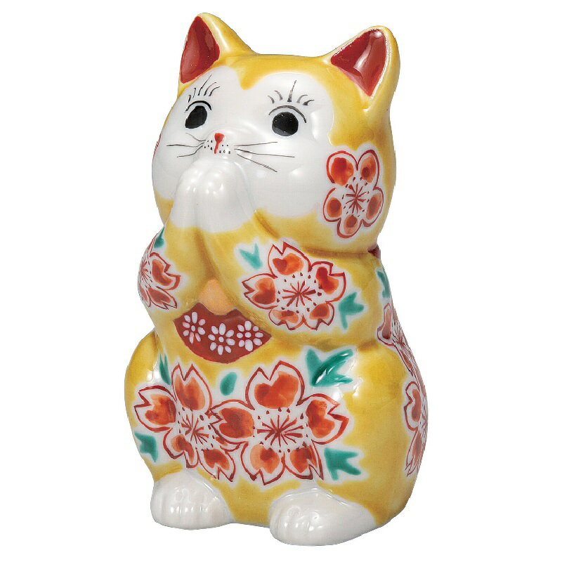 サイズ：幅5.5 奥行6.3 高9.5(cm) 素材：磁器 生産地：日本 九谷焼で作られた華やかな招き猫です。「千客万来」「商売繁盛」「金運招福」「開運招福」「病を防ぐ魔除け」などの願いを込めて飾られます。 右手を挙げているものは金運、左手...