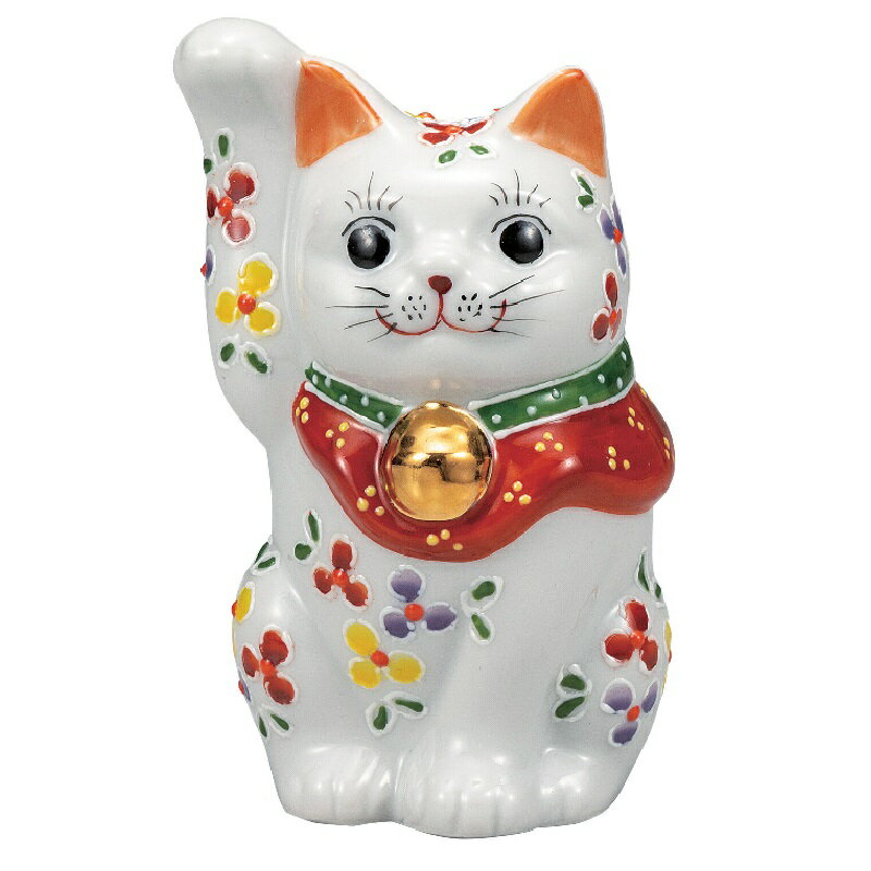 サイズ：幅6.5 奥行6 高11.5(cm) 素材：磁器 生産地：日本 九谷焼で作られた華やかな招き猫です。「千客万来」「商売繁盛」「金運招福」「開運招福」「病を防ぐ魔除け」などの願いを込めて飾られます。 右手を挙げているものは金運、左手を...
