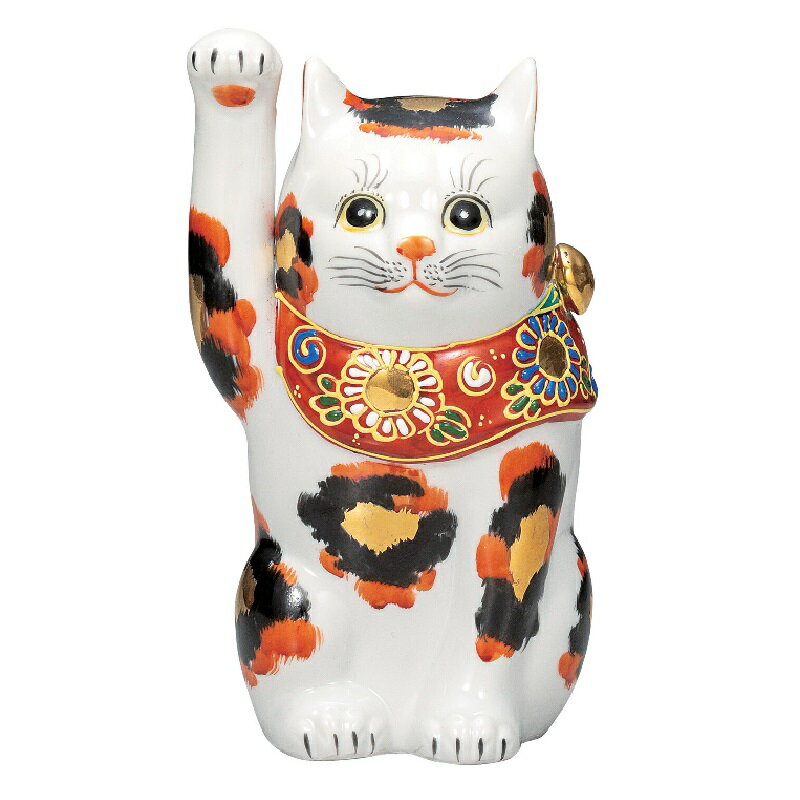サイズ：幅10.5 奥行11 高19.5(cm) 素材：磁器 生産地：日本 九谷焼で作られた華やかな招き猫です。「千客万来」「商売繁盛」「金運招福」「開運招福」「病を防ぐ魔除け」などの願いを込めて飾られます。 右手を挙げているものは金運、左...