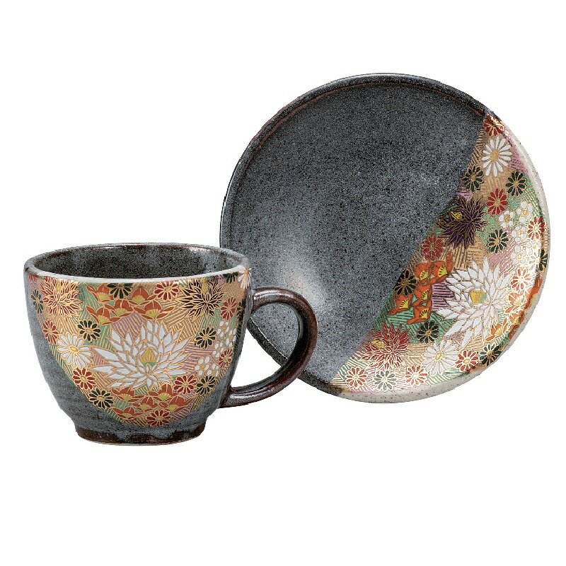 サイズ： カップ・径8.7 高6.9 (cm) ソーサー・径13.1 (cm) 素材：陶器 生産地：日本 コーヒーや紅茶等を楽しむための、九谷焼の華やかなカップとソーサーです。 九谷五彩の施された器で、楽しいひと時に彩を添えていただけます。...