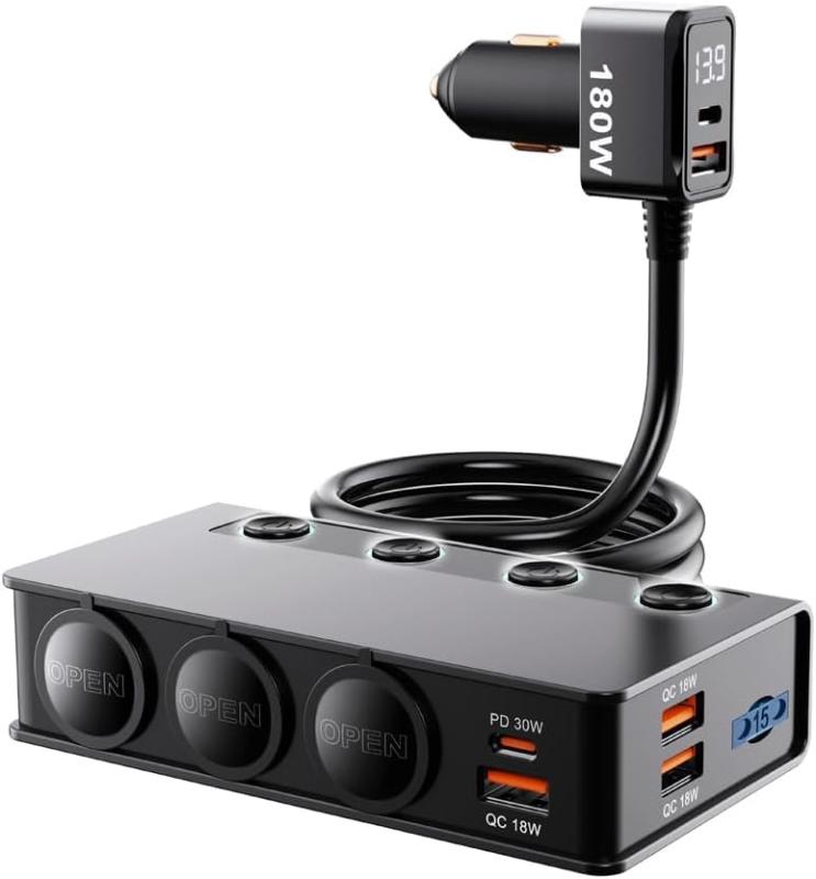 車用シガーソケット 3連増設 車載充電器 QC3.0&amp;PD30W急速充電器ポート付き 電圧測定 1.1m延長線 前後座席対応 最大180W電力供給 過負荷保護 12-24V車兼用 独立スイッチ搭載 防塵蓋付き iPad