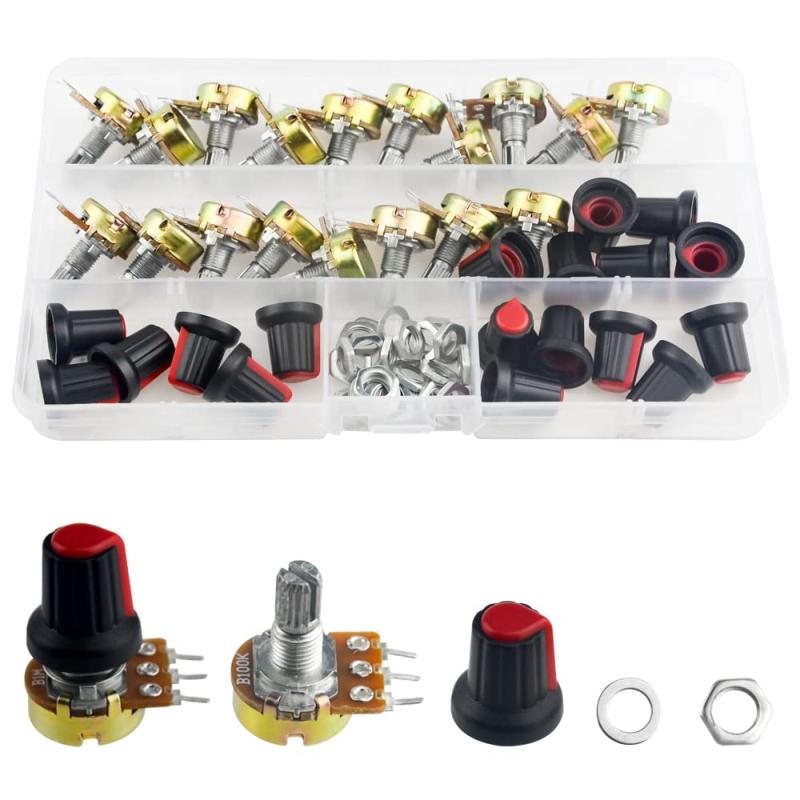 CD B1K B2K B5K B10K B20K B50K B100K B500K B1M オーム ロータリー ロータリー テーパー ポテンショメーター キャップキット付き9種類のシングルリニアロータリーテーパーポテニオメーター、3端子、シ...