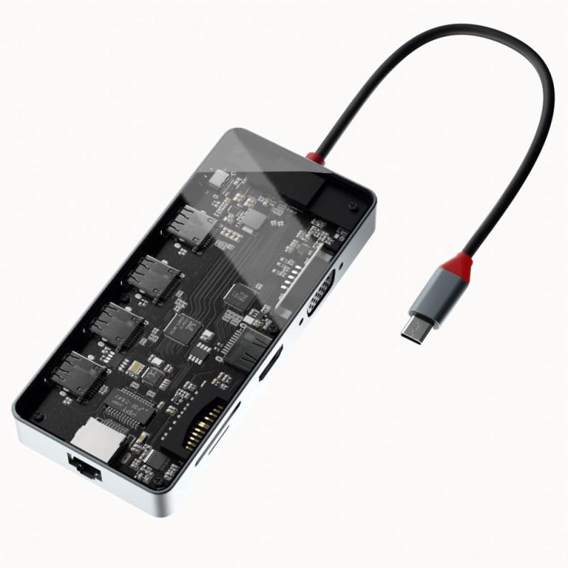 エアリア TypeC接続 多機能マルチアダプター 内部が見えるシースルー構造 DMI VGA USB3.0 2.0 LANポート SDカードリーダー MicroSDカードリーダー PD対応 SD-CMTI01-B6つの機能を搭載したType...