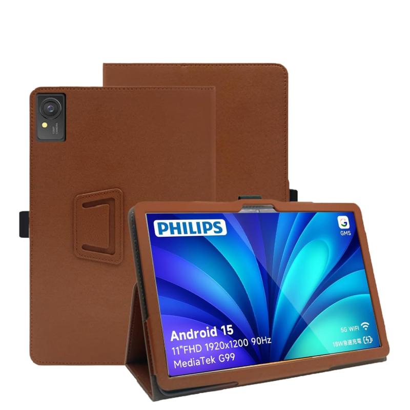 For philips t8015ケース 11インチ タブレット ケース 360°全面保護 二つ折りスタンド多視角調整 ペンホルダー付き 上質PUレザー キズ防止 軽量 全面保護 (ブラウン)適用機種philips t8015 モデルに設計...