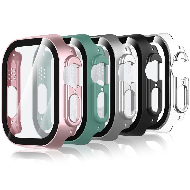 5枚入りApple Watch 42mm/46mm//41mm/45mm/40mm/44mm/49mm 対応 ケースと保護フィルム 一体型 全面保護カバー 極薄軽量 指紋防止 高透過率 擦り傷防止 取扱簡単 (PCフレーム+強化ガラス)