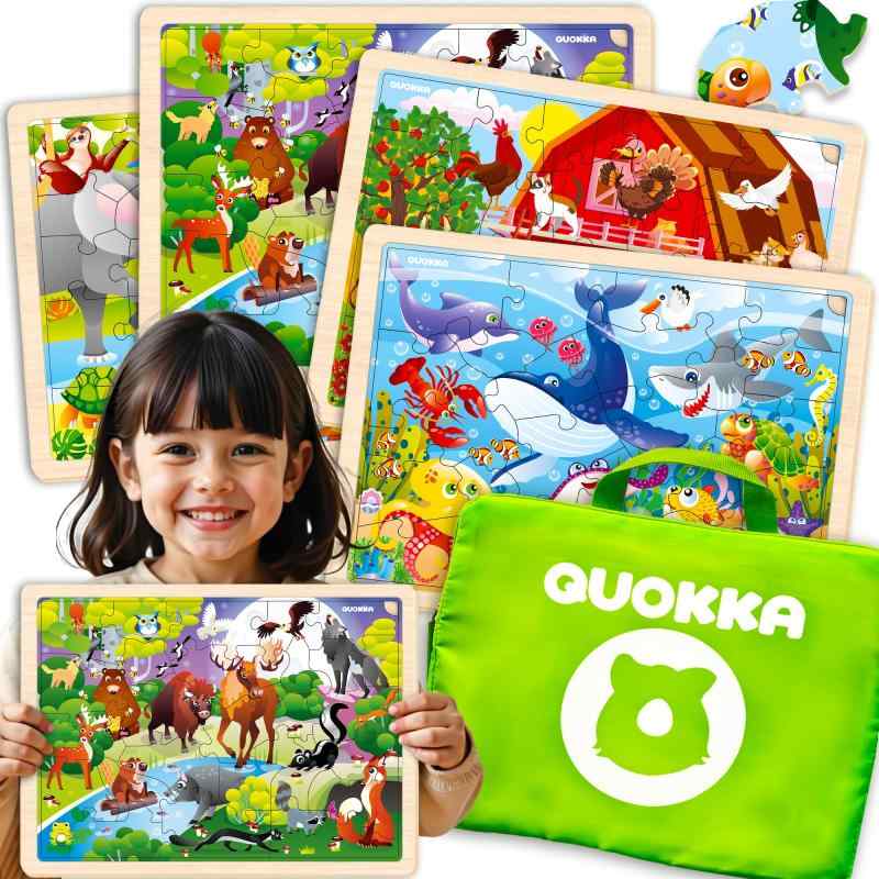 QUOKKA 木製パズル 4～6歳向け - 4～8～10歳向け4種類のパズル - 3～5歳児向けジグソーパズル 学習玩具 男の子と女の子向け知育玩具
