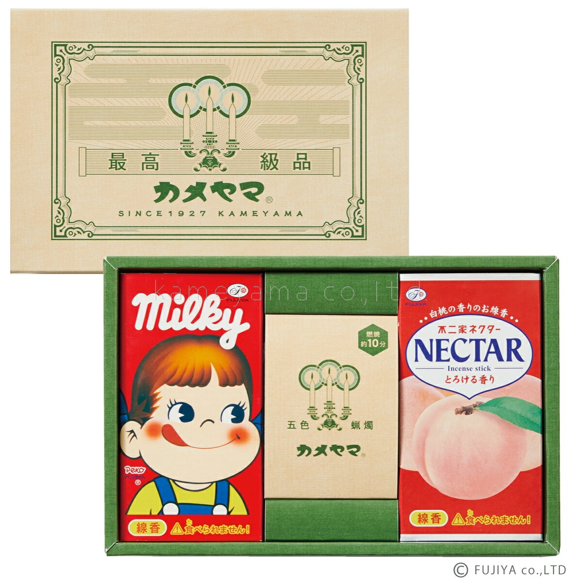 商品詳細 一瞬であの頃にタイムスリップ！ 「懐かしいを贈る」昭和レトロなお線香とローソクのギフトです。 【セット内容】不二家ネクター ミニ寸線香、ミルキーの香りのミニ寸線香、亀山五色蝋燭　各1個 【香り】 　　・不二家ネクター ミニ寸線香：...