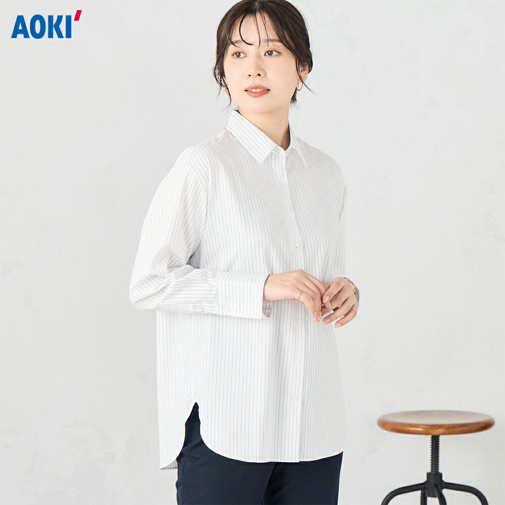 神ラクシリーズ「静電気低減シャツ」一枚でも重ねてもサマになるレギュラーカラーシャツ〇しなやかに動けてパリッとキマる・きちんと感のあるシャツカラー・ベーシックでどんなスーツ、ボトムとも合わせやすい◎・太めのカフス袖がかわいい・下にニットを着て...