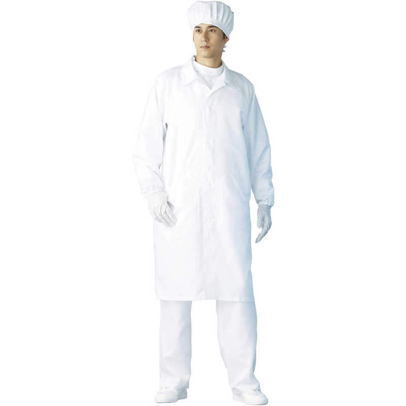 【商品解説】●コートタイプの防塵服です。●両脇に切りポケットを配した定番スタイルで、発塵防止、異物混入防止に効果的です。●来客用、訪問者用防塵服としても利用できます。【仕様】色：ホワイト、サイズ：M、着丈（cm）：100、適応胸囲（cm）：...
