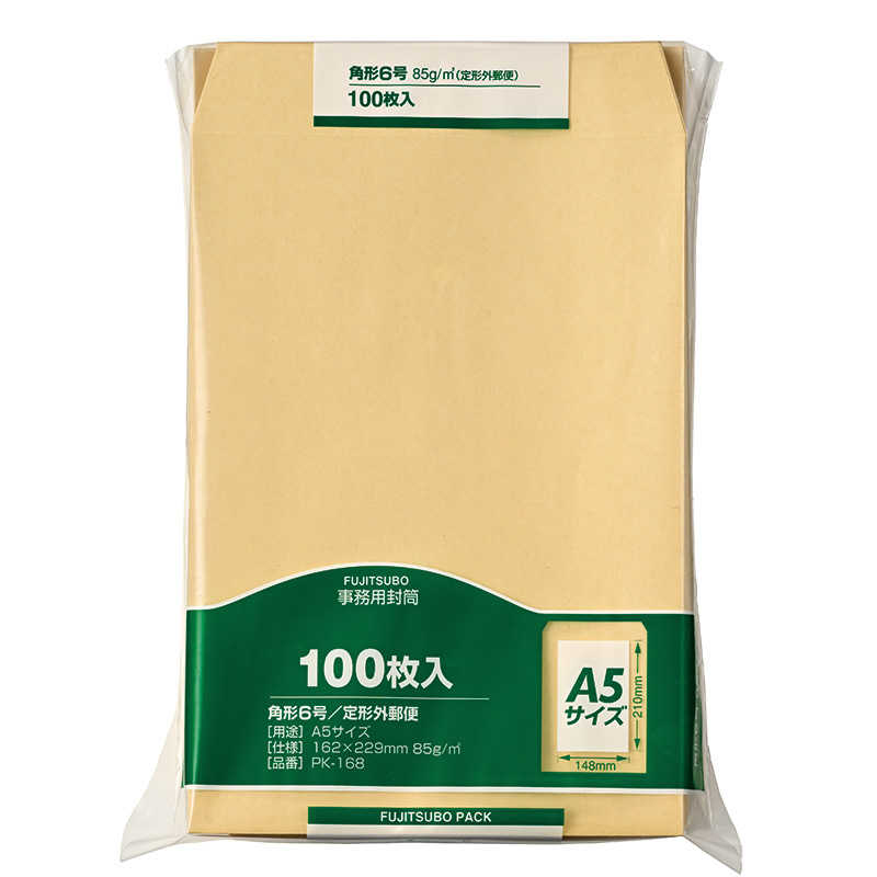 【商品解説】A5サイズに最適なクラフト封筒です。郵便枠印刷なし。サイズ：162×229mm（角形6号）。定形外郵便。裏面センター貼り。100枚入。古紙40％使用。グリーン購入法適合。エコ商品ねっと掲載。【スペック】●型式：PK-168（PK...