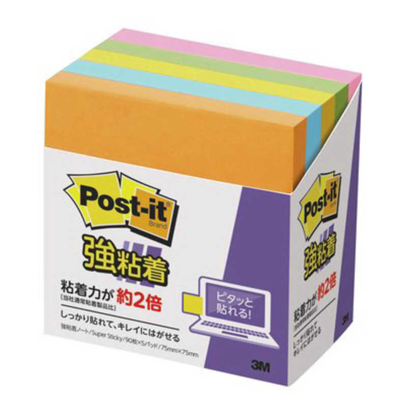 【商品解説】しっかりメッセージやメモを書きたいときや、情報整理などに便利なサイズのふせん/粘着メモ。●ポスト・イット（R）従来品の約2倍の強粘着で、パソコンや電話、キャビネットなどの樹脂面や垂直面などつきにくかった場所にもしっかり貼れるのに...