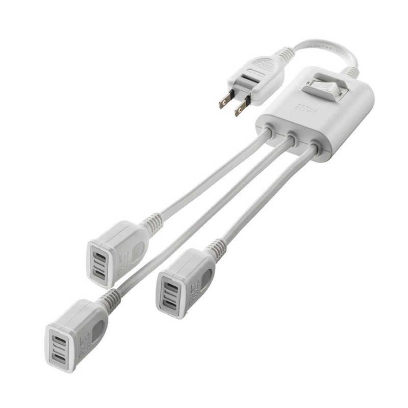 お買い得品【商品解説】●他の差込口をふさがないため、ACアダプタ使用時に無駄なく設置できる分岐タイプの電源延長コードです。●安全な二重被ふくコードで恐ろしいコンセント火災を予防する、絶縁キャップ付きスイングプラグです。●中央1本のコードが長...