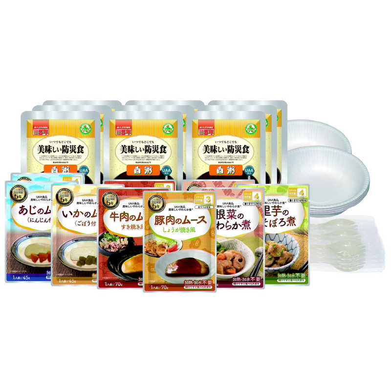 【商品解説】防災食セット 1人×3日分 そしゃく配慮が必要な方でもお召し上がりできるスマイルケア商品もご用意 【セット内容】●18食入り・根菜のやわらか煮-2個・白粥-9個・里芋のとりそぼろ煮-1個・牛肉のムースすき焼き風-2個・あじのムー...