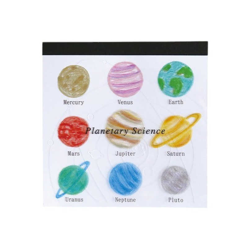【商品解説】惑星のイラストと説明を詰め込んだ、図鑑のようなメモ帳。表紙はクリアタイプの硬質塩ビに盛り上げエンボスプリントされています。中面はデザインの違う4種類のメモが入っています。4柄×各25枚。【スペック】●型式：ST-004（ST00...