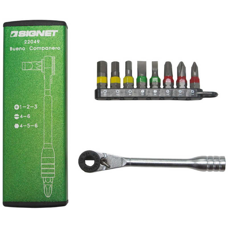 【商品解説】●DIYや自転車の車載工具にも最適。●ミニラチェットセットがポップなカラーで登場。●手の平に収まるコンパクトサイズ。●柄部分にもビット装着可能。●ケースカラー：グリーン●ミニラチェット全長(mm)：93●ヘッド幅(mm)：15●...