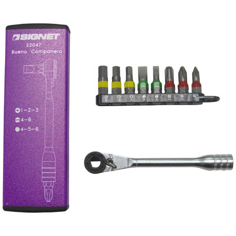 【商品解説】●DIYや自転車の車載工具にも最適。●ミニラチェットセットがポップなカラーで登場。●手の平に収まるコンパクトサイズ。●柄部分にもビット装着可能。●ケースカラー：パープル●ミニラチェット全長(mm)：93●ヘッド幅(mm)：15●...