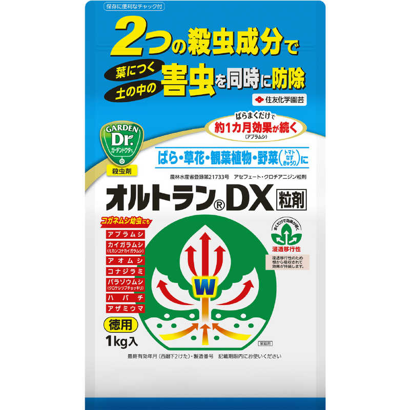 【商品解説】浸透移行性の殺虫成分を2種類配合。土にばらまくだけで植物に吸収され、植物全体を害虫から守る予防的効果※が約1ヵ月（アブラムシ）続きます。（※殺虫効果の長い残効性を指す）使いやすく手軽な散粒ボトル入りなので、ばらの鉢植えなどの害虫...