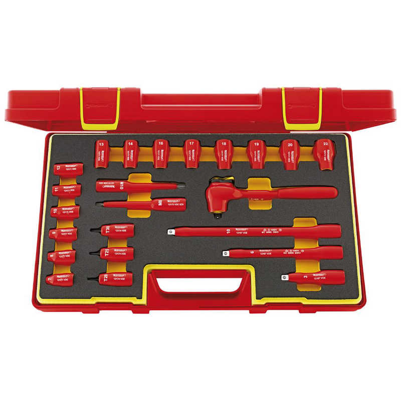 【商品解説】【セット内容】3/8”SQ絶縁ソケット：12171VDE-7・8・9・10・11・12・13・14・16・17・18・19・20・223/8”SQ絶縁ヘクスローブビットソケット：12174VDE-T20・T25・T303/8”S...