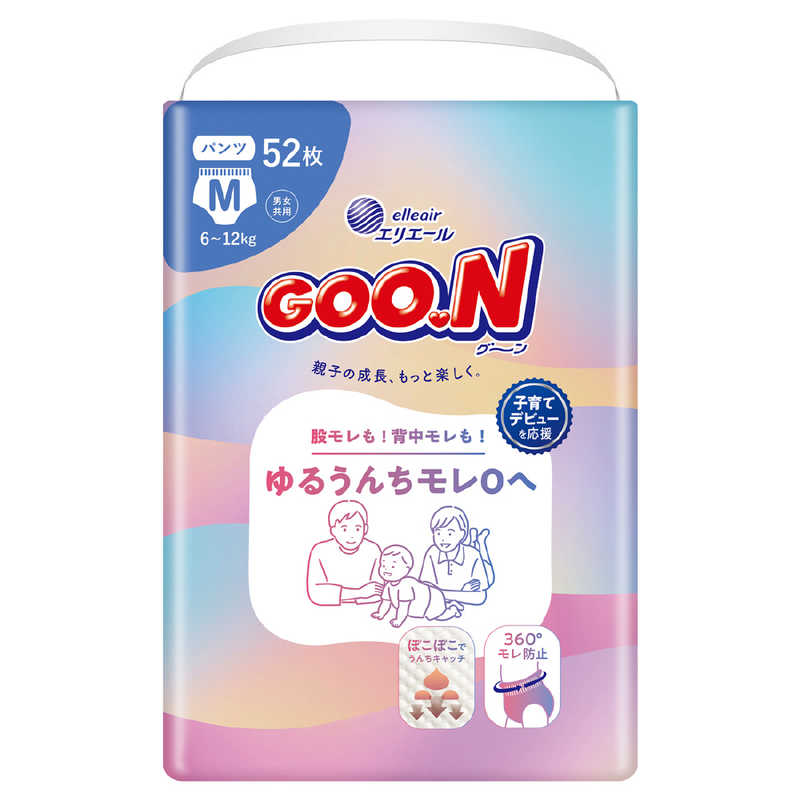 【商品解説】●ママパパをサポート！子育て先まわり設計「ゆるうんちモレ0へ」。●表面のぽこぽこでゆるうんちをキャッチ！背中や足まわりからモレにくい。●ウエスト・足まわりに360°モレ防止シートをIN、染み出しモレをブロック。●進化した吸収体が...