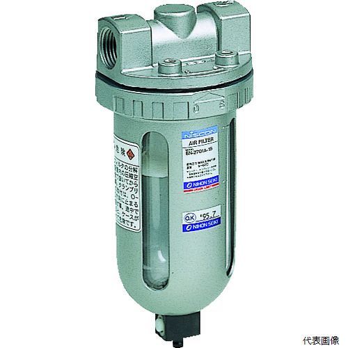 【特長】 ●空気中の水分やゴミを除き清らかな空気を供給します。 【仕様】 ●ろ過精度(μm)：40 ●使用圧力(MPa)：0.05〜1 ●処理空気流量(［［M3］］/min)：1.50 ●接続口径：Rc1/4 ●全長(mm)：176 ●使用...