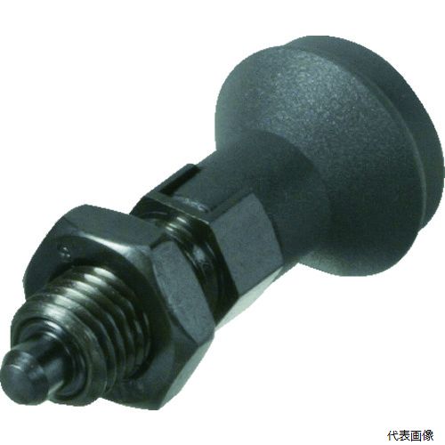 【特長】 ●ノブの操作でノーズがストロークし位置決めします。 【用途】 ●割り出しやストッパー機構をハンド操作により行う位置決め部品。 【仕様】 ●荷重(N)：5〜12 ●ねじ寸法：M10×1.0 ●全長(mm)：47 ●ピン径(mm)：5...