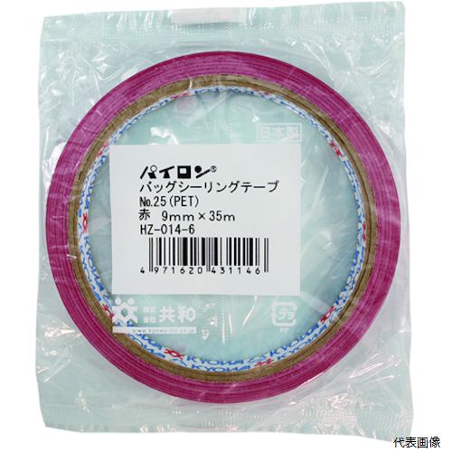 【特長】 ●美しい色調で、水に強く、優れたシーリング性です。 【用途】 ●パン・菓子・野菜・果物の袋の口留めに ●幅(mm)：9 ●色：赤 ●長さ(m)：35 ●厚さ(mm)：0.046 【材質／仕上】 ●基材：PET（ポリエステル） ●粘...