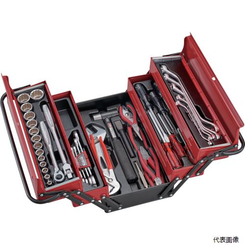 【特長】 ●工具を厳選し、各種産業機械の整備に適したセットです。 ●V形3段式メタルケース、全段プラスチックトレー付きです。 【用途】 ●主に産業機械の組み立て・整備に。あらゆる分野で活躍しています。 【仕様】 ●ケース色：レッド/ブラック...