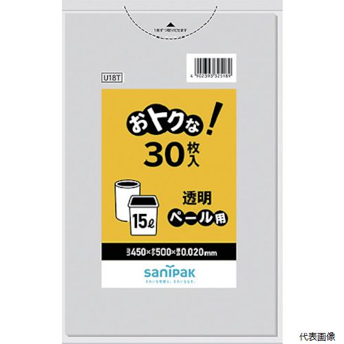 【特長】 ●室内ペールのサイズ合わせてご使用いただけます。 【仕様】 ●容量(L)：15 ●縦(mm)：500 ●横(mm)：450 ●厚さ(mm)：0.02 ●色：透明 ●1冊：30枚入り 【材質／仕上】 ●低密度ポリエチレン（LLDPE...