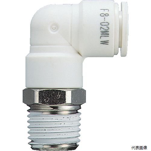 【特長】 ●PBT樹脂を採用し、スパッタ等の延焼事故を防止。 ●空気圧汎用型継手では初の軽量化を実現。 【仕様】 ●適合チューブ外径D(mm)：8 ●接続口径：R1/8 ●六角対辺(mm)：14 ●使用流体：空気、水 ●使用圧力：1MPa(...