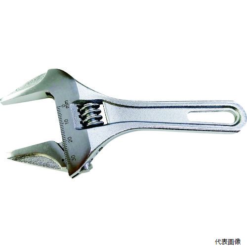【特長】 ●通常より2サイズ上のボルト・ナット対応できる超ワイドタイプです。 ●軽量タイプでありながら、強度はJIS　H級をクリアしています。 ●目盛付です。 【仕様】 ●全長(mm)：118 ●最大口開き(mm)：28 ●先端厚さ(mm)...