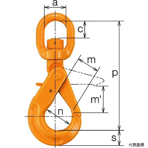 【特長】 ●キトーチェンスリング100用のスイベルフックです。 【用途】 ●ラッチロック付きつり荷側用フック。 【仕様】 ●基本使用荷重(t)：1.5/2.0 ●チェーン線径(mm)：7/8 ●適合チェーン線径(mm)：7/8 ●寸法(mm...