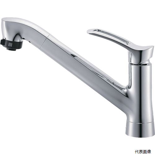 【特長】 ●吐水口115°回転。 ●シャワーヘッドは引き出し式で、シンク洗いにも便利です。 ●オールメッキで高級感のあるデザインです。 ●リングハンドルなので手を引っかけて操作でき、泡の付いた手でもすべりません。 ●吐水パイプが後ろまで回ら...