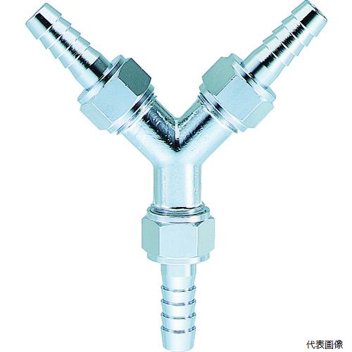 【用途】 ●エアの分配。 ●接続口径(タケノコ外径)(mm)：10.5 ●六角対辺(mm)：19 ●使用流体：水・空気・油 ●タイプ：Y型ホースジョイント ●最高使用圧力(MPa)：3.45 ●使用流体：水・空気・油 ●流体温度：-50〜1...