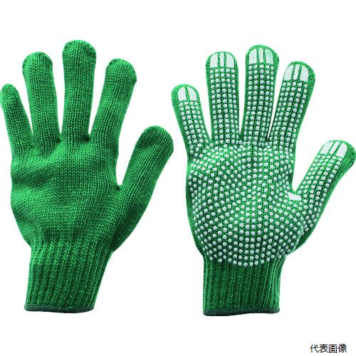 【特長】 ●すべり止め付きのカラー軍手です。 ●作業工程ごとに分けて使用することが可能です。 【用途】 ●一般作業。 ●グループ分けでの作業現場で。 【仕様】 ●色：緑 ●サイズ：フリー ●ゲージ数：7 ●全長(cm)：23.5 ●手のひら...