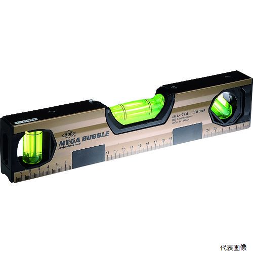 【特長】 ●超大型気泡管で視認性抜群 ●精度補正機構付で安心 【用途】 ●水平・垂直・45°の測定に 【仕様】 ●長さ(mm)：300 ●高さ(mm)：60 ●厚さ(mm)：28 ●マグネット：2ヵ所 ●本体色：ブロンズ ●気泡管色：黄緑 ...