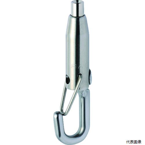 【特長】 ●外れ防止のカラビナがついたフックタイプの製品です。 ●ワイヤーは貫通するので位置調整が簡単に行えます。 【用途】 ●ワイヤーをピンから差し込むば確実に固定。 ●額吊りやパネル吊りに。 【仕様】 ●適合ロープ径(mm)：φ1.0〜...