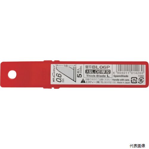 【特長】 ●L型厚刃5枚入りです。 ●特厚刃採用でしっかりと安定した使用感です。 【仕様】 ●刃厚(mm)：0.6 ●適合本体：カートリッジ式(連発)を除くL型全般 ●パック入数(枚)：5適合本体品番：L5506P,L506RP,JL-12...