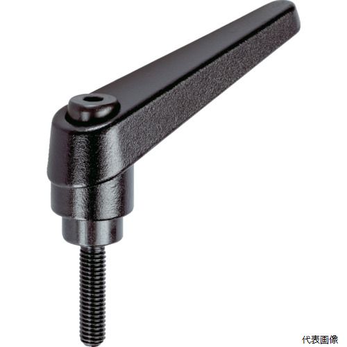 【特長】 ●位置調節付クランピングレバーです。 ●レバーを引き上げると内部の噛み合いが離れ任意の位置に動かすことができ、レバーを離せば噛み合います。 【仕様】 ●ねじ寸法：M10×1.50 ●ねじ長さ(mm)：25 ●回し半径(mm)：74...