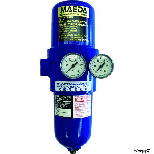 【特長】 ●1台で3台分のフィルター機能を搭載した独自構造です。 ●水滴・オイルミスト・0.01μm以上の固形粒子を除去し、超クリーンエアーにするドライフィルターです。 ●2つの圧力計付きで、エレメントの交換時期を目視管理できます。 ●工具...