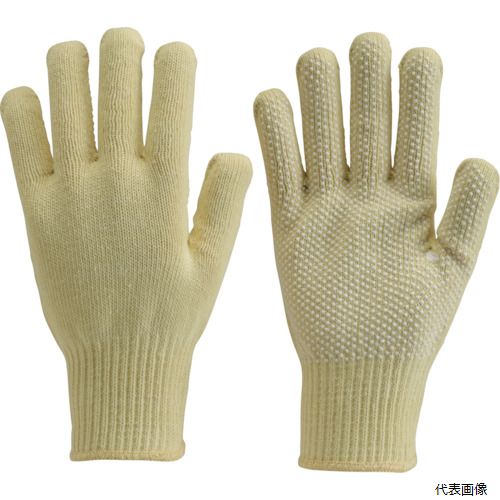 【特長】 ●難燃性、耐切創性、耐薬品性に優れています。 ●切断抵抗は、綿の約1.5倍、皮革の約2倍、引張強度は、ナイロンの約2倍です。 ●高切断抵抗・高強力・耐摩耗性能を持つアラミド繊維にすべり止め付です。 【用途】 ●炉前・鋳造・鍛造保護...