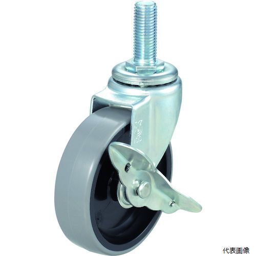 【特長】 ●耐油性に優れています。 ●床面を汚しません。 【用途】 ●厨房機器やワゴン用に。 【仕様】 ●許容荷重(daN)：60 ●許容荷重(kgf)：61.2 ●車輪径D(mm)：100 ●車輪幅(mm)：28 ●取付高H(mm)：12...