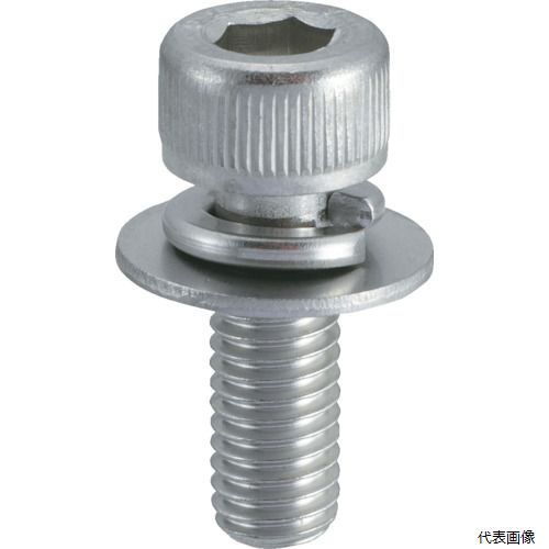 【特長】 ●ワッシャー、スプリングワッシャーをセットする手間が省けます。 【仕様】 ●寸法(mm)d：M3 ●寸法(mm)L：15 ●ねじピッチ(mm)：0.5 ●強度区分：A2-70相当 ●パッケージ：ボルトンパック（ブリスター） ●ワッ...
