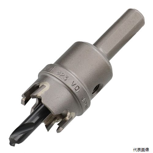 【特長】 ●従来のハイス刃に比べて、高回転の電動機が使用でき、スピーディーな穴あけができます。 ●鋼板、ステンレス板から合成樹脂板まで切削する切れ味です。 ●センタードリルT形（超硬チップ付ドリル）使用。 ●板厚4mmまでの、FRP、合成樹...