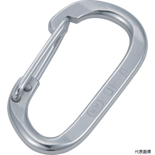 【特長】 ●開口部が大きく使用しやすいジョイント金具です。 ●ばね状のリング部をたおす（押す）ことで、開閉できます。 【用途】 ●ワイヤ・チェーン・ロープなどの連結金具として。 【仕様】 ●使用荷重(kN)：0.29 ●D1(mm)：5.4...