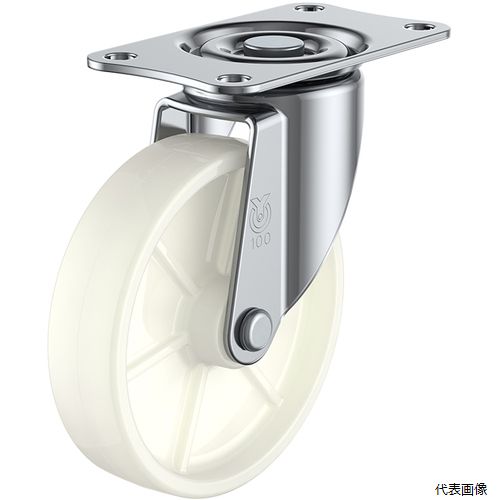 【特長】 ●走行性、耐荷重性を備えた小型キャスターです。 【用途】 ●台車や家具、什器に。 【仕様】 ●許容荷重(daN)：60 ●許容荷重(kgf)：61.2 ●車輪径D(mm)：100 ●車輪幅(mm)：25 ●取付高H(mm)：122...