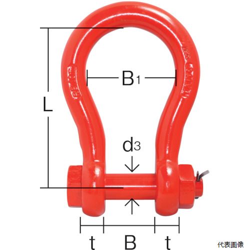 【特長】 ●磁粉探傷検査および全面焼き入れを施した高品質シャックルです。 ●ワイヤ同士が重なりにくいバウ形状をしています。 【用途】 ●荷役作業、多目的連結金具として。 【仕様】 ●基本使用荷重(t)：10 ●タイプ：ボルトタイプ ●寸法(...