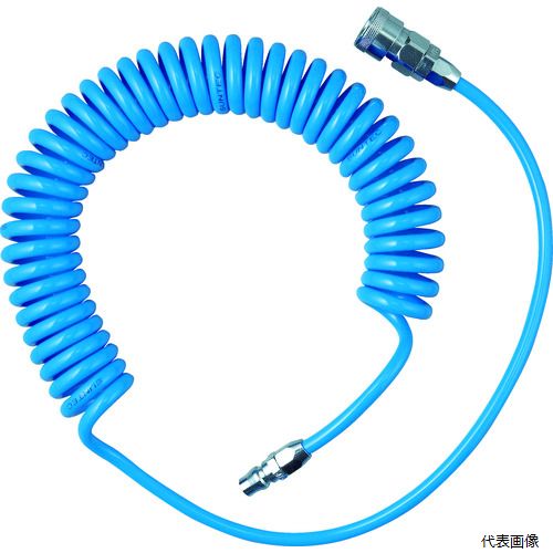 【特長】 ●高弾性のポリウレタン樹脂チューブをスパイラル加工した製品のため、折れぐせがつきにくく優れたばね特性をもっています。 ●カップリング付きのためエア工具との脱着がスムーズです。 ●耐摩耗性、耐久性に優れています。 ●色：青 ●外径(...
